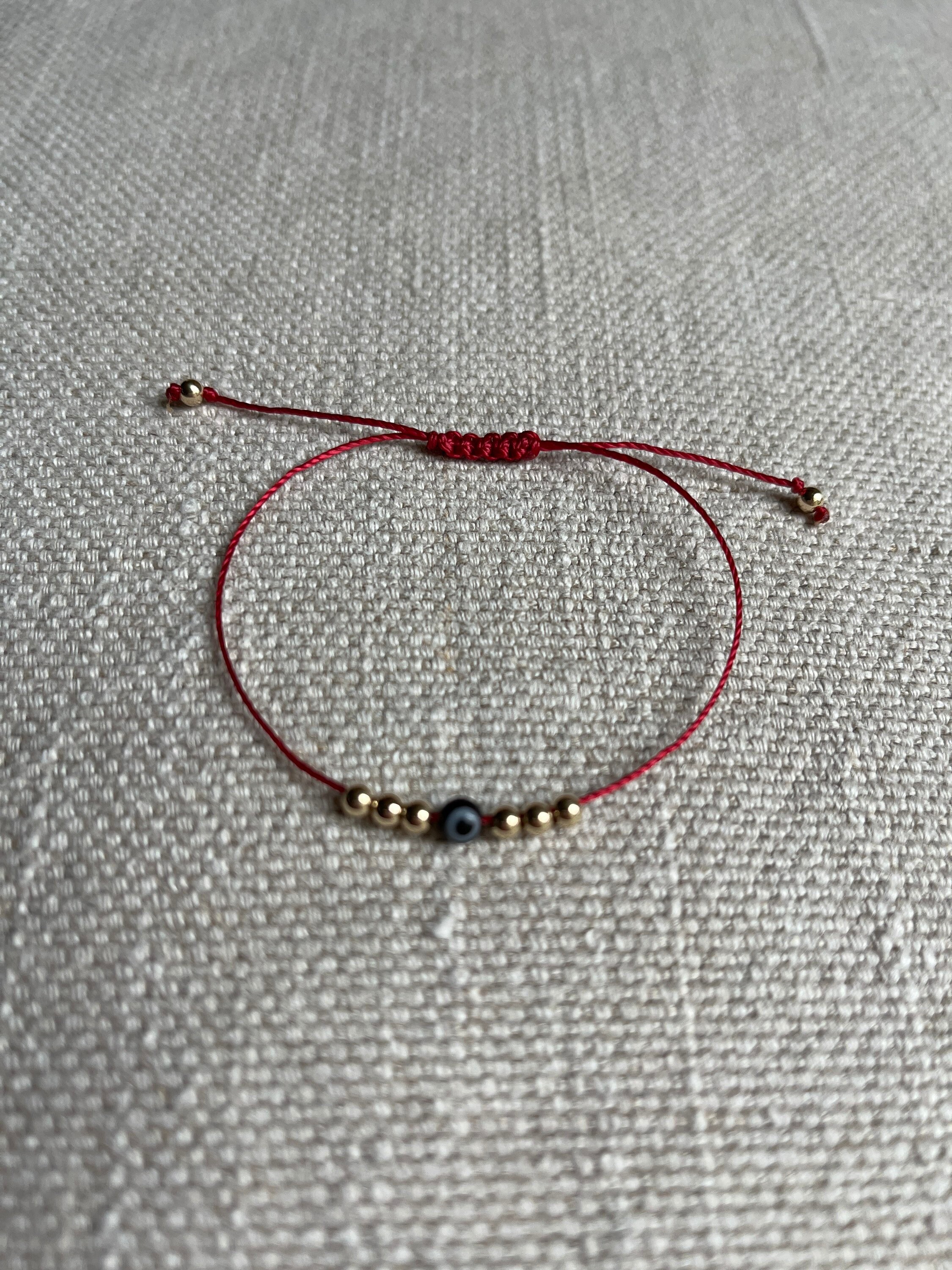 Red String Evil Eye Bracelet, 3mm Gold Bead Bracelet, Red Bracelet ...