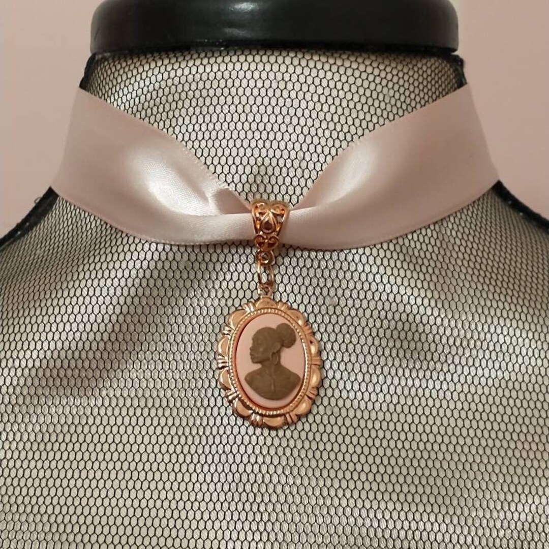 Satin Choker With African Silhouette Cameo; Boho Chic Pink Satin Ribbon ...