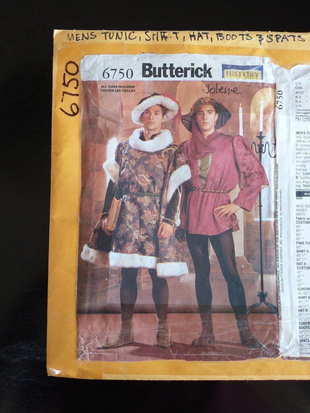 Men's Medieval Costume Pattern Sizes XS Thru L Most Pieces Uncut and ...