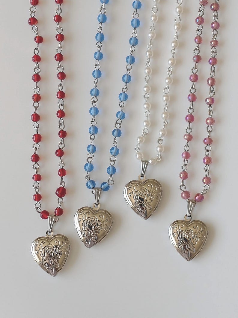 90's Locket Necklace With Blue Rosary Chain; Coquette Gold Tone ...