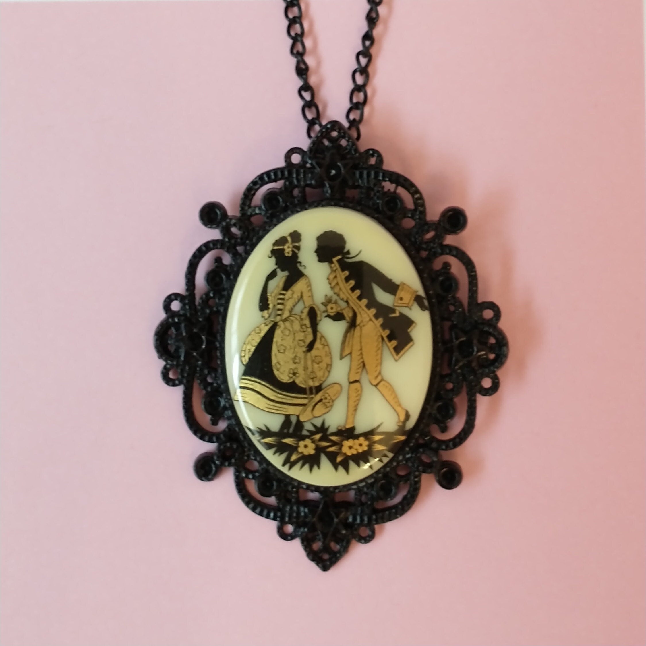 Lord & Lady Pendant Necklace With Black Brass or Gold Toned Settings ...