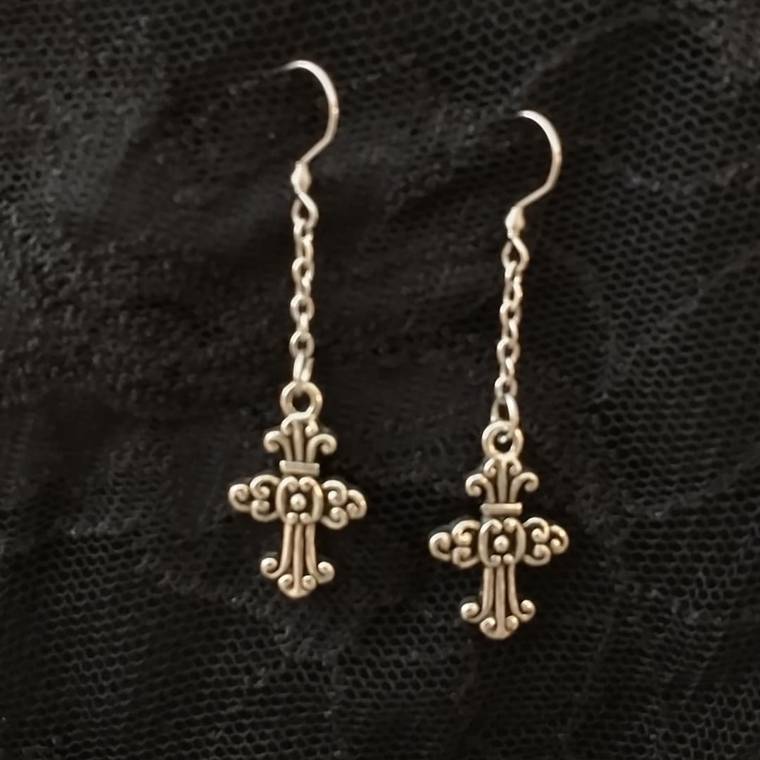 Punk Rock Crucifix Dangle Earrings Antique Silver Vampire Defense ...