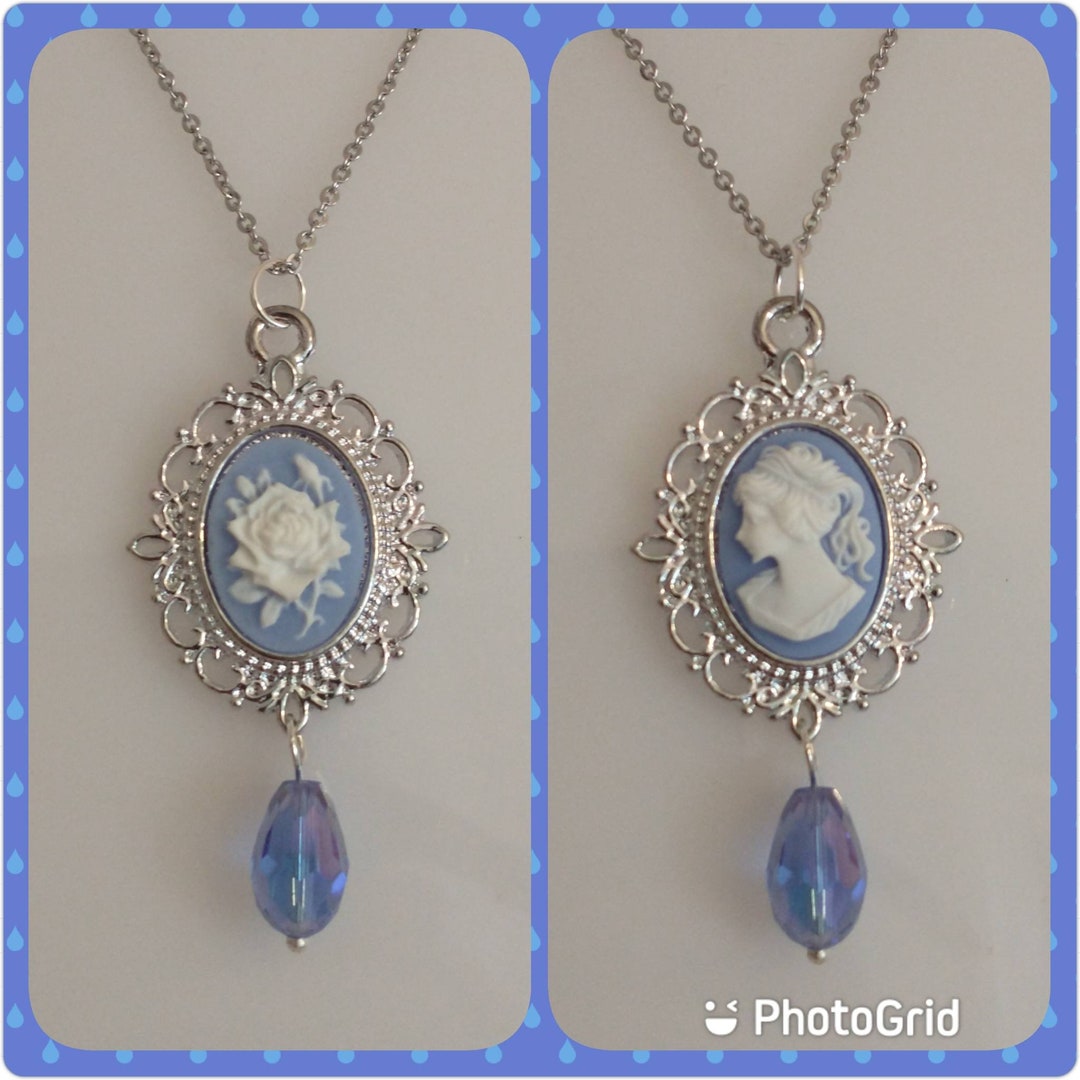 Victorian Wedgewood Blue Cameo Necklace in Bright Silver Plated Setting ...