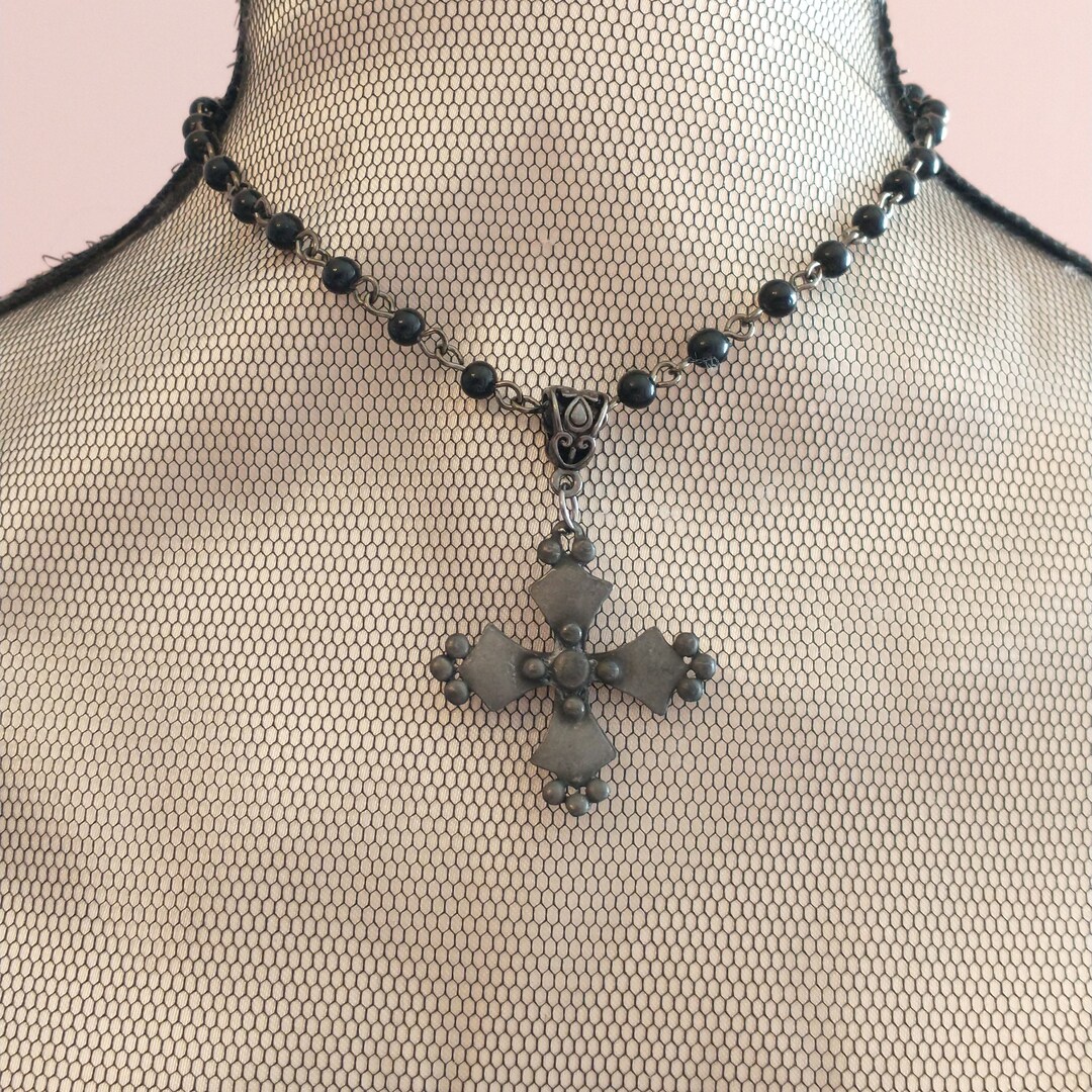 Punk Rock Choker With Dark Silver Gothic Cross Vampire Defense Necklace ...