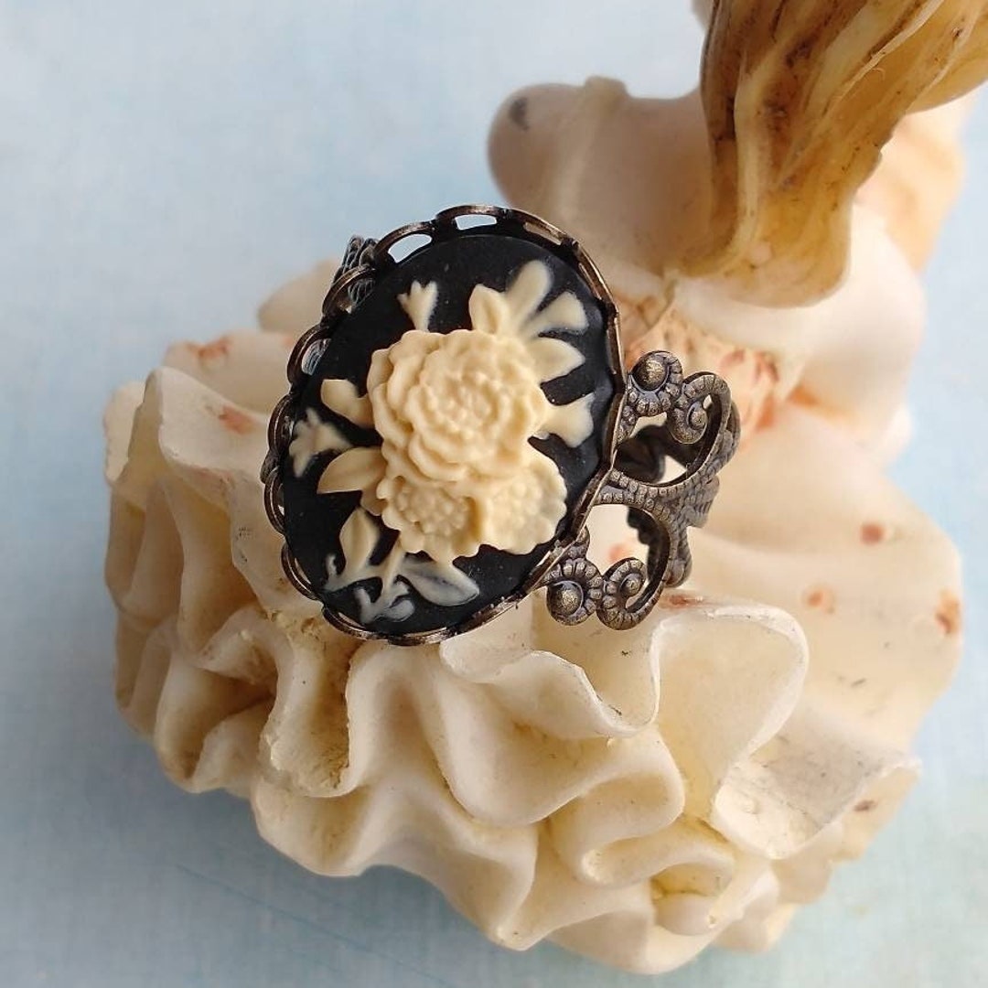 Coquette Cameo Rings in Antique Brass Settings; Filigree Adjustable ...