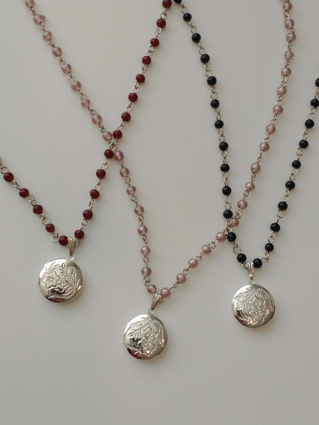90's Locket Necklaces; Rosary Chain Locket Necklace With Black, Mauve ...