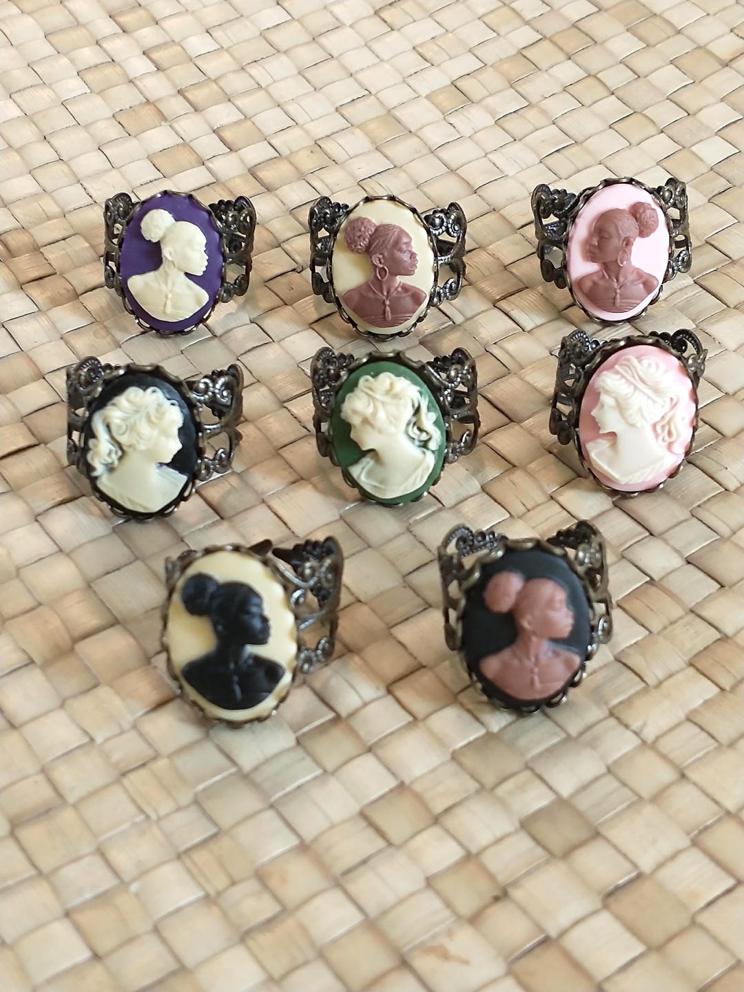 Coquette Cameo Rings in Antique Brass With African and White Silhouette ...