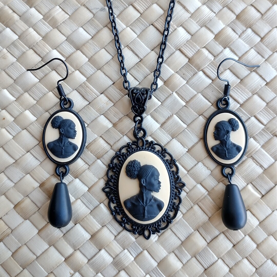 African Silhouette Cameo Jewelry Set in Black and Cream; Coquette ...