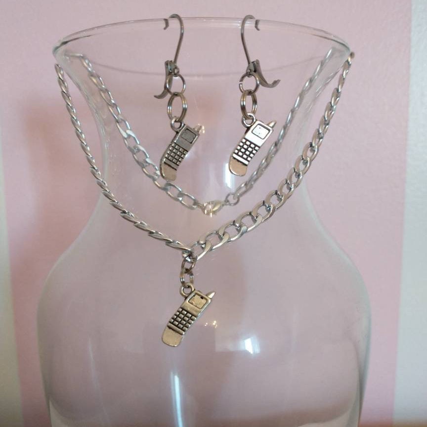 Flip Phone Charm Necklace Earrings Set With Choice of Chunky Curb Chain ...