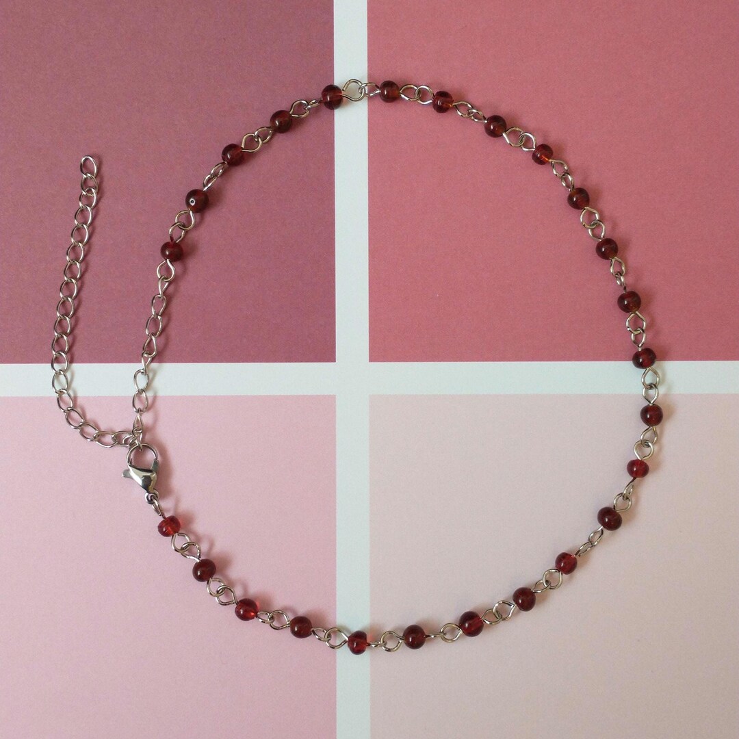 Retro Style Rosary Choker; Garnet Red, Blue, Green or Plum Beads With ...