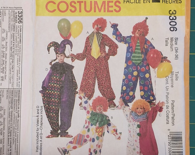 Clown Costume Pattern for Adults Mccall's Costumes Patterns 3306 easy 2 Hour Uncut Jester, Rodeo ...