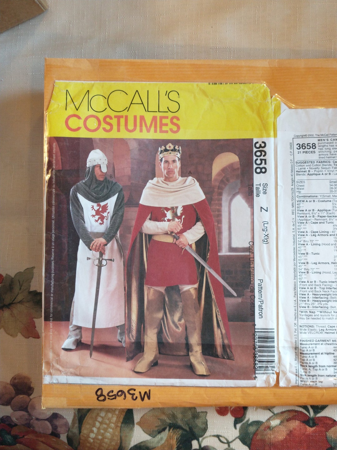 Camelot Costume Patterns for Men Sizes L/ XL & S/M Mccall's 3658 New ...