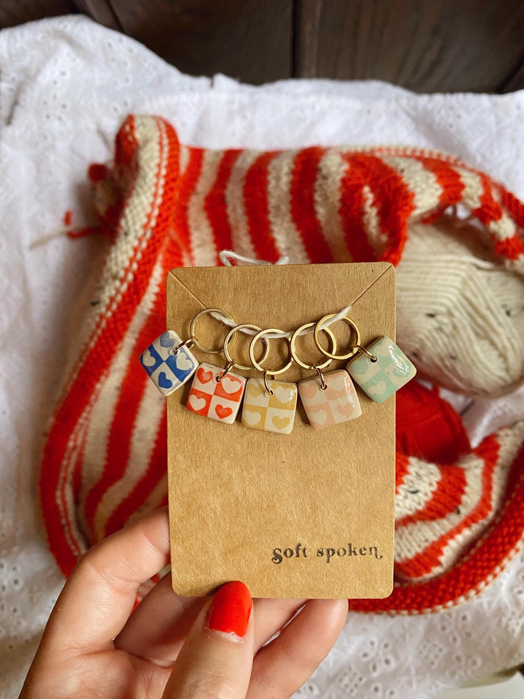 Heart Checkerboard Stitch Marker Set, Clay Stitch Markers, Heart Stitch ...
