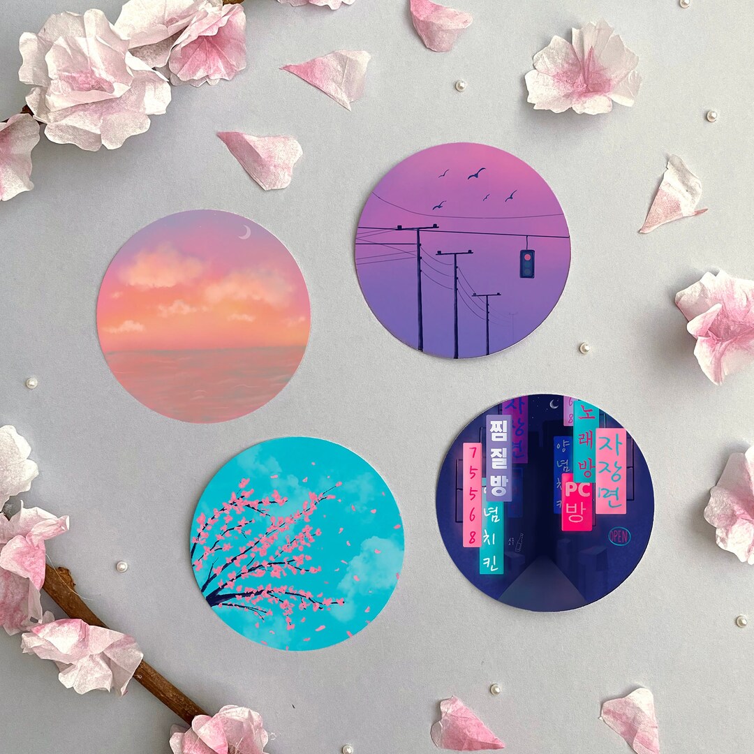 Korean Stationery, Korean Street Sticker, Night City Sticker, Cherry ...