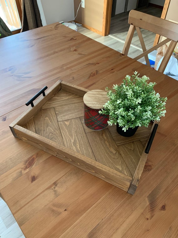 Herringbone Wooden Serving Tray With Handles Decorative Tray - Etsy