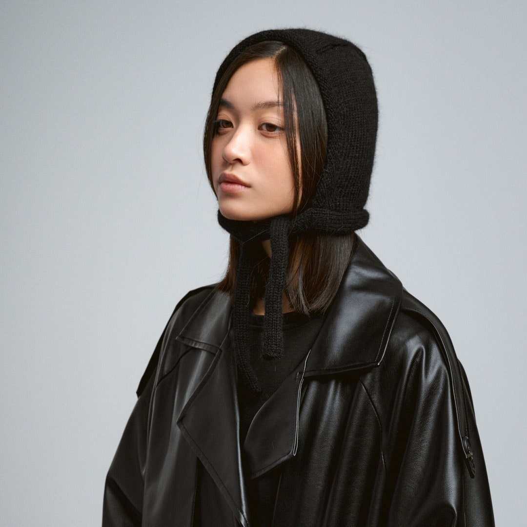 Black Knit Adult Bonnet, Wool Knitted Winter Earflap Hat, Handmade ...