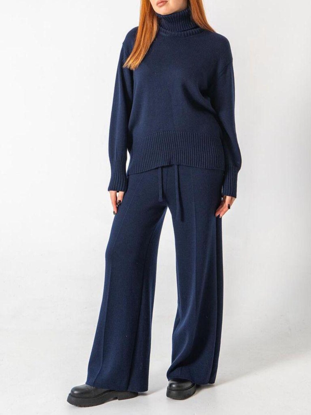 Wool Knit Blue Pants, Merino Wide Leg Trousers for Women, High Waist ...