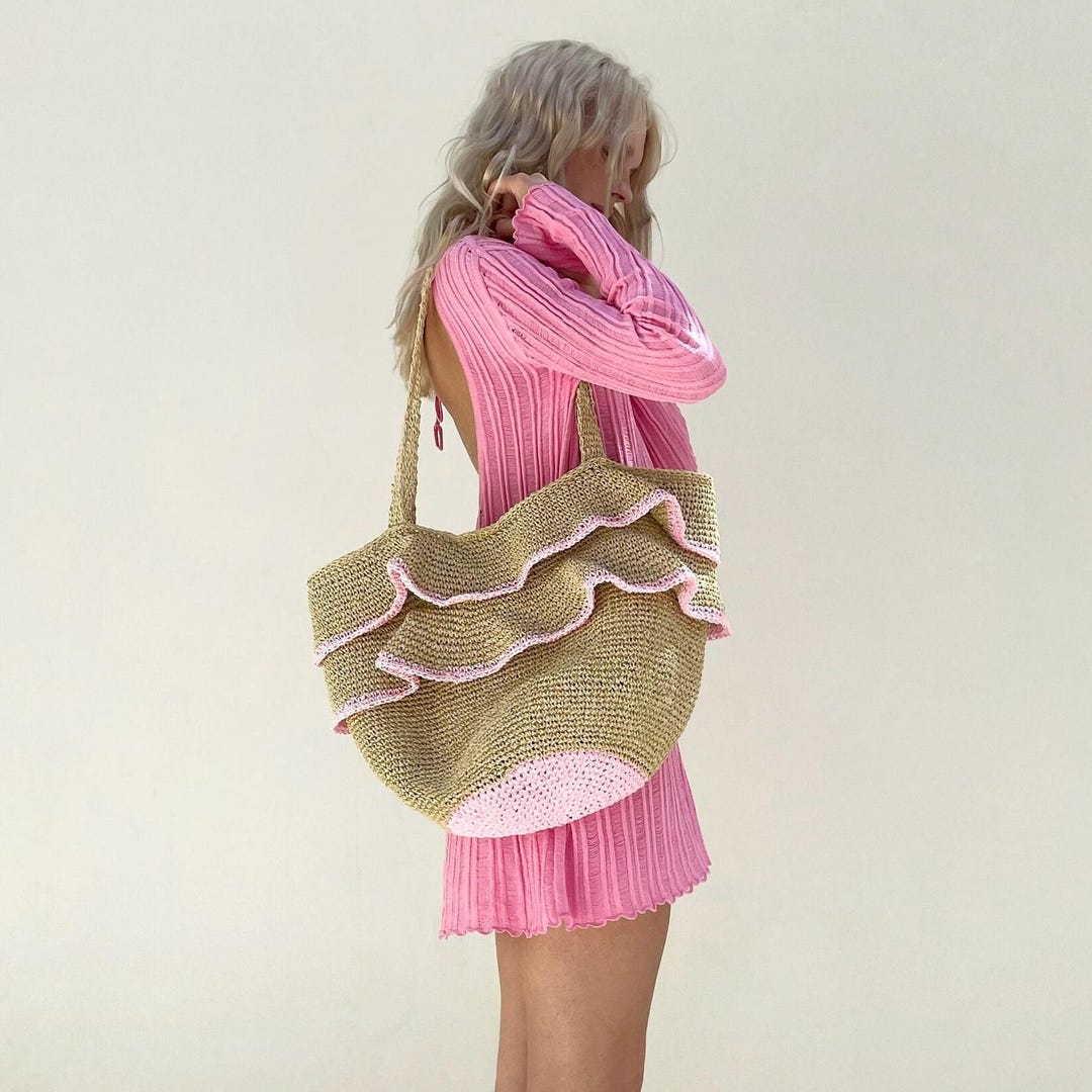 Raffia Ruffle Tote, Straw Oversized Tan Bag, Handmade Woven Large ...