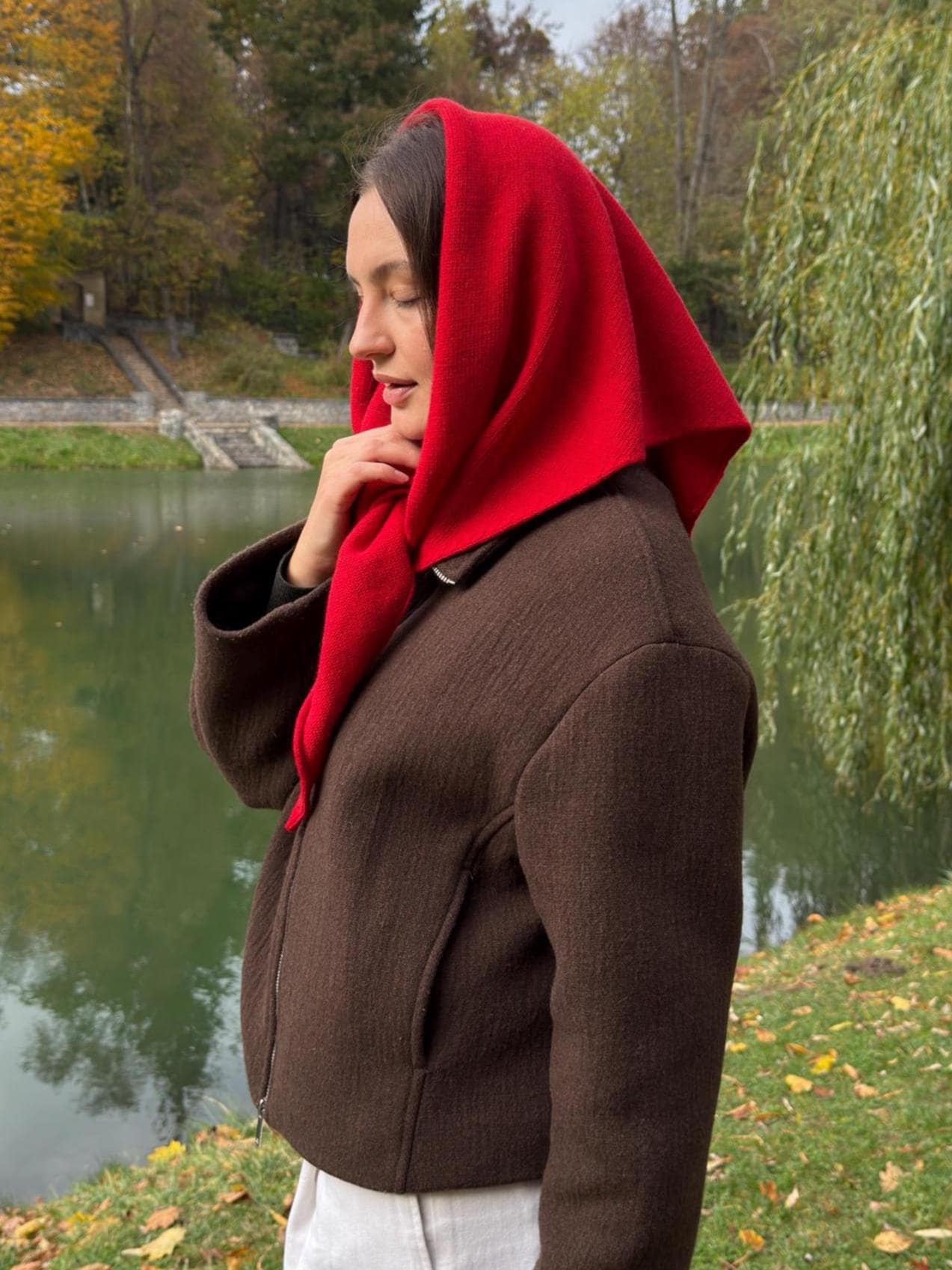 Cashmere Red Triangle Head Scarf - Hand Crochet Babushka Kerchief, Wool ...