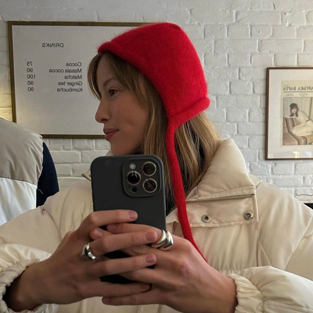 Knitted Red Winter Wool Bonnet for Adult Women, Hand Made Knit Ear Flap ...