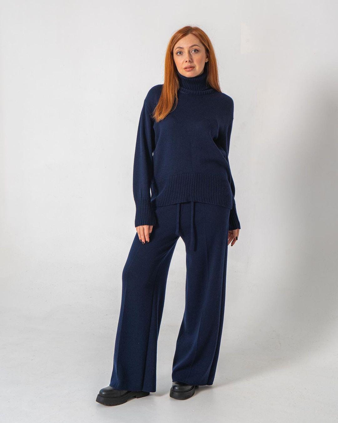 Wool Women's Knitted Blue Suit: Wide-leg Pans With Oversized Sweater ...