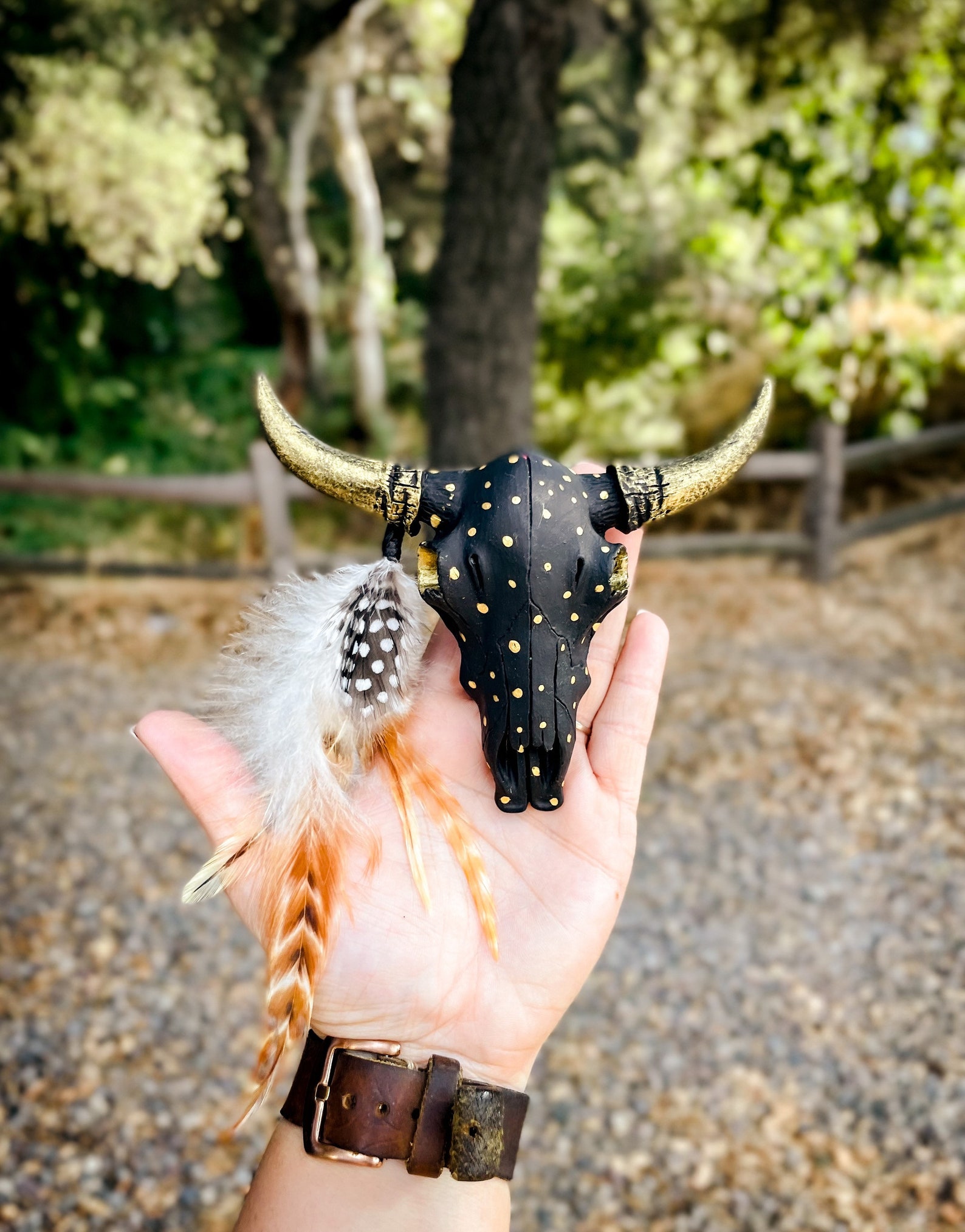 Custom Cattle Skull Black and Gold Spotted Feather Western Rear View ...
