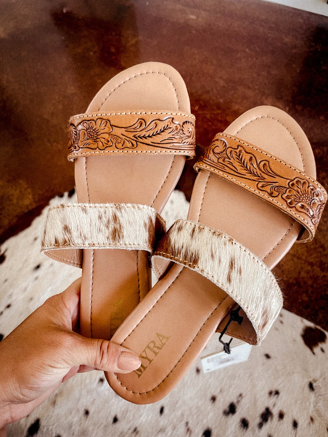 Genuine Cowhide Leather Sandals for Women - Western Tooled Leather ...
