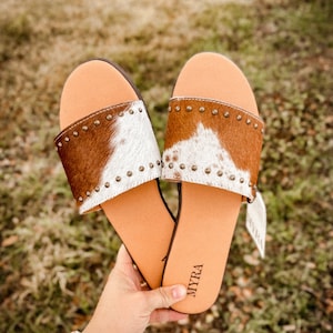 Genuine Cowhide Western Sandals – Crafted Leather and Hair on Slides ...