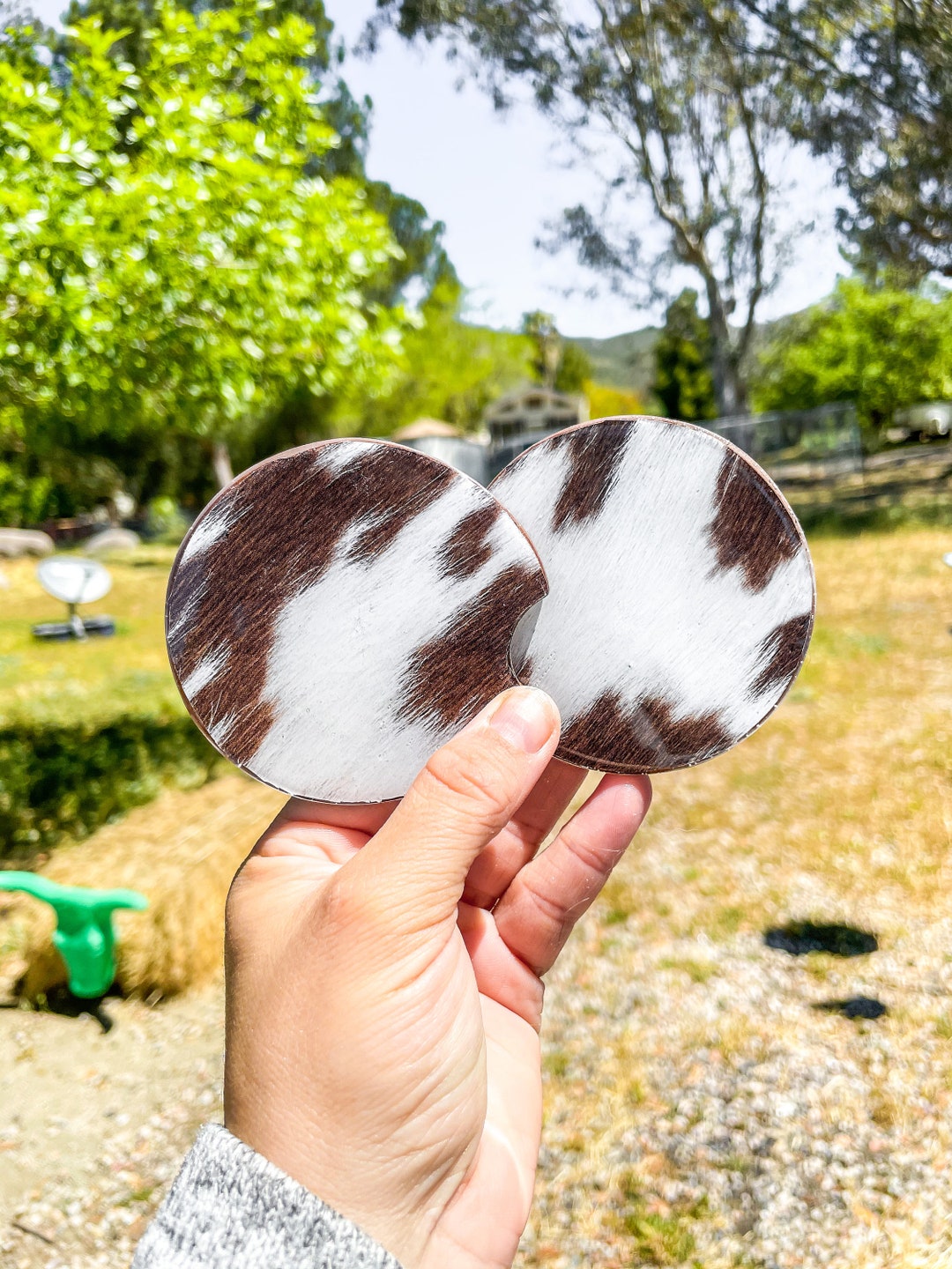 Custom Brown and White Cowhide Cowprint Resin Western Cow Car Coaster ...