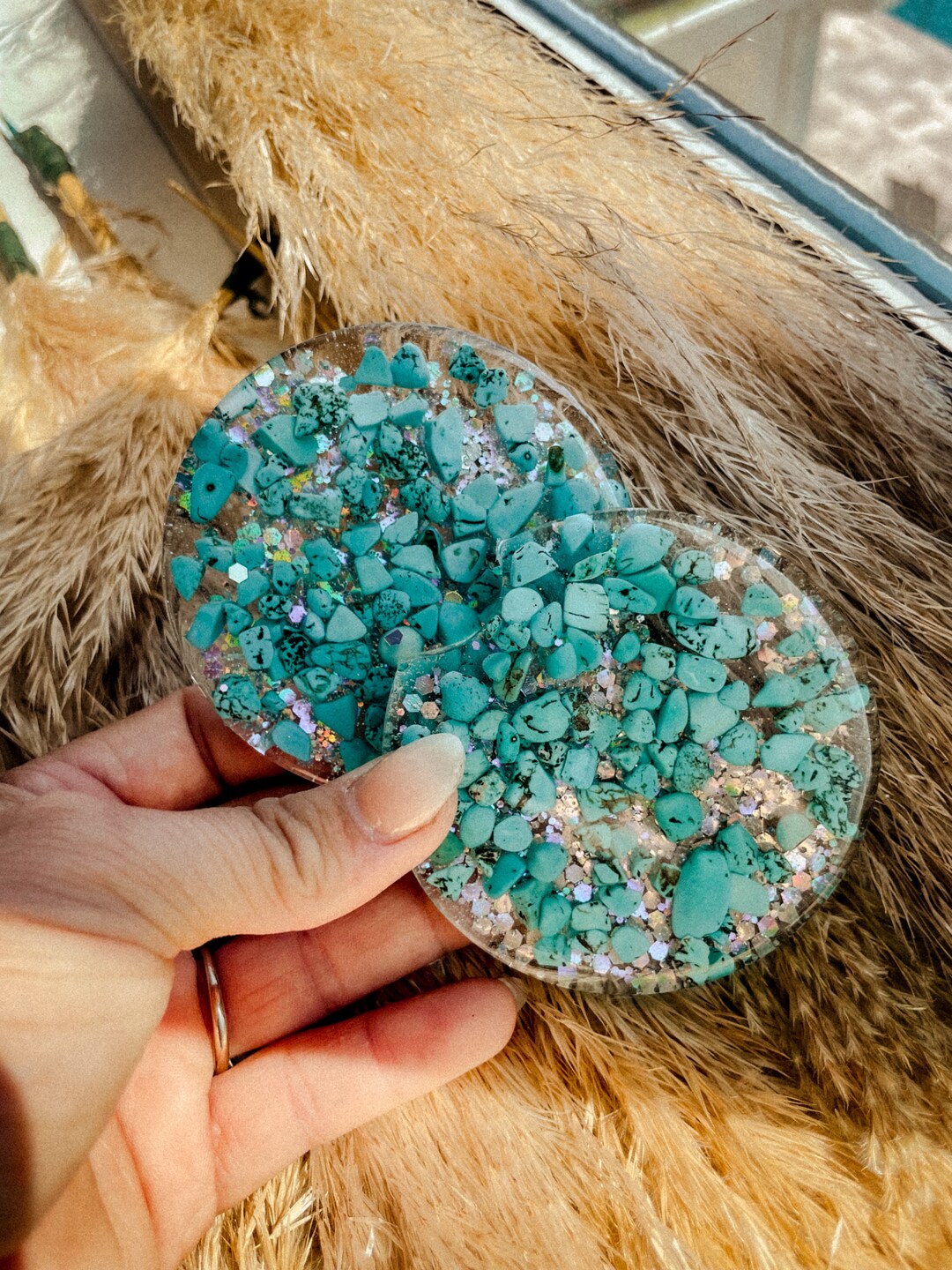 Custom Resin Car Coasters – Turquoise & Glitter | Personalized Car ...
