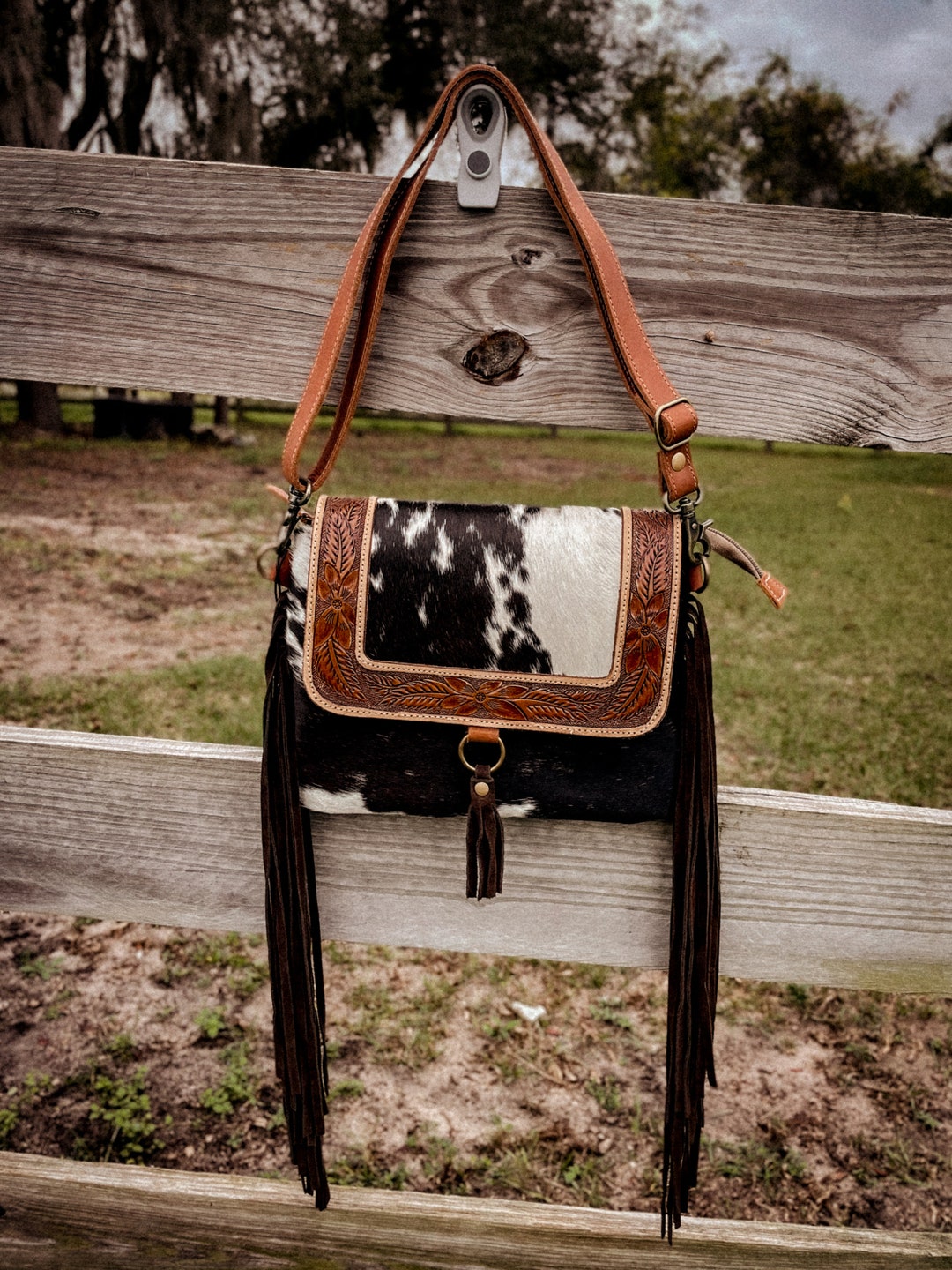 Western Genuine Tooled Leather and Hairon Cowhide Fringe Purse Bag - Etsy