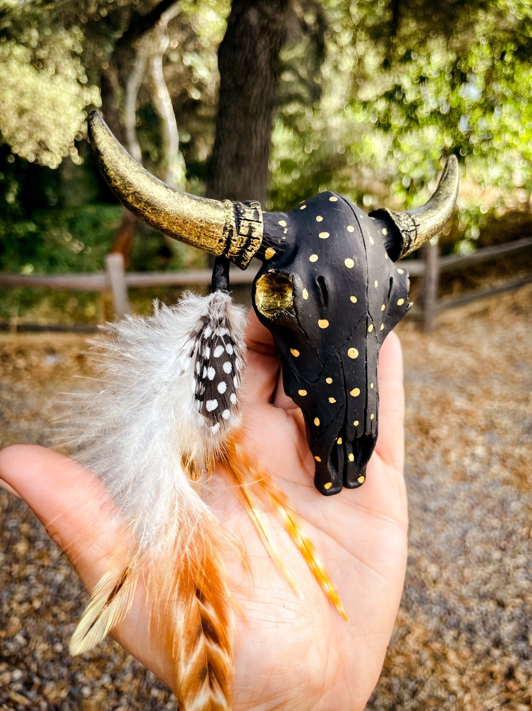 Custom Cattle Skull Black and Gold Spotted Feather Western Rear View ...