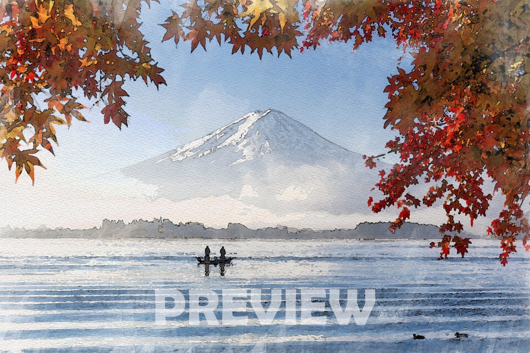 Mount Fuji Digital Printing in Spring, Japan / Watercolor Style ...
