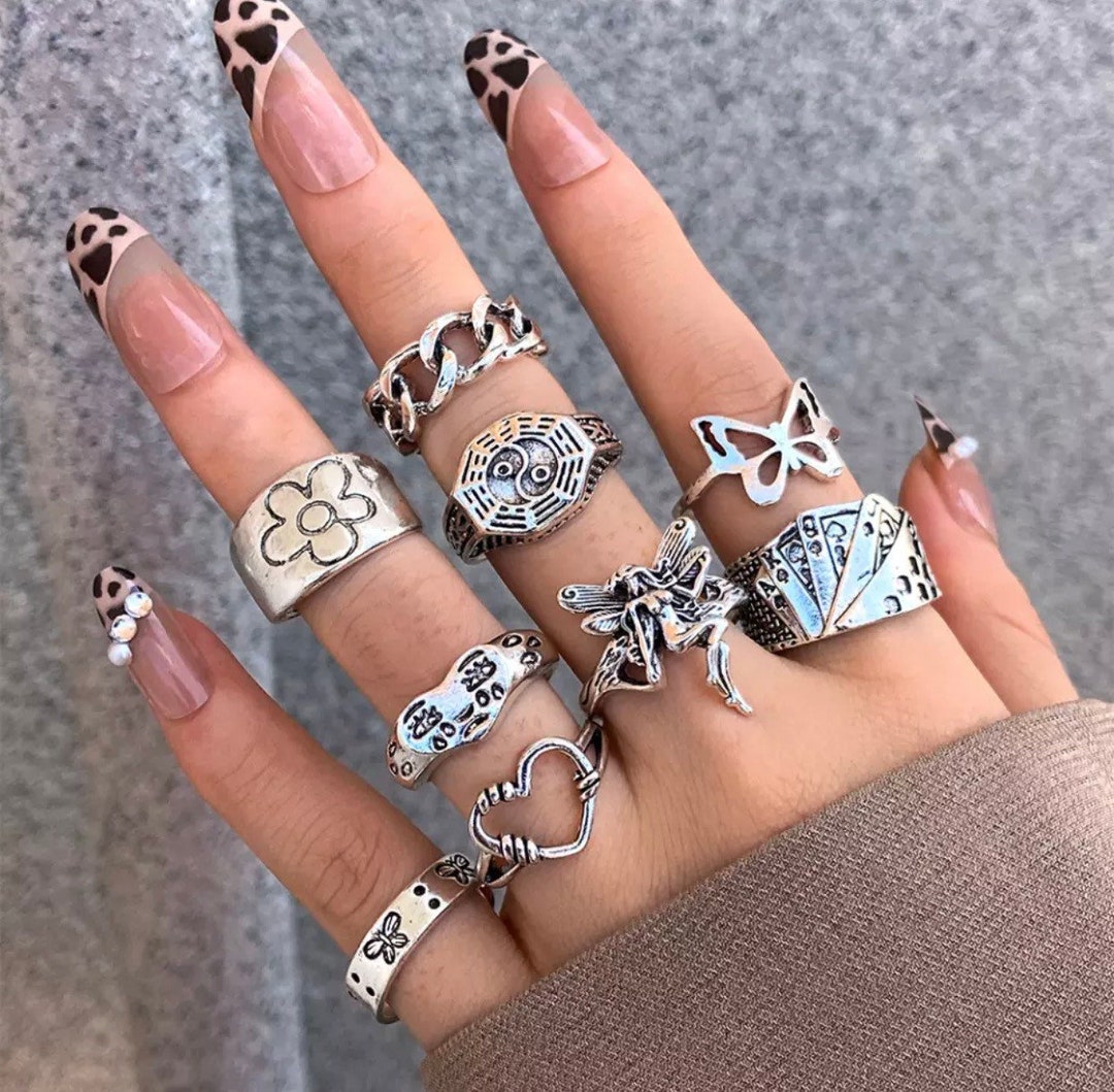 9pcs Piece Vintage Silver Ring Set Streetwear Y2k Ring Set Boho Silver Plated Ring Set Stackable ...