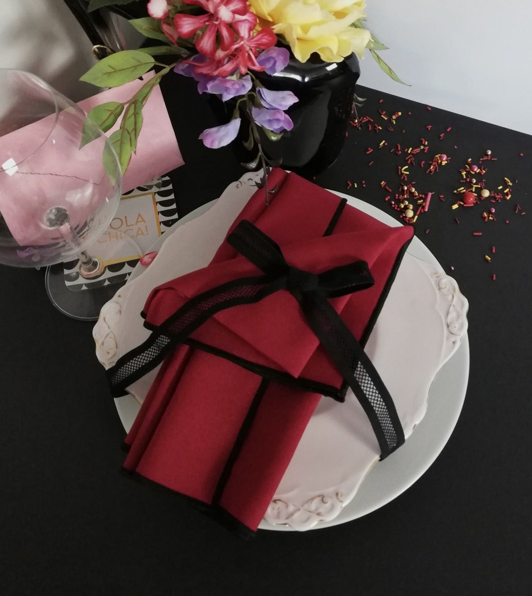 Red Napkins With Black Trim, Polyester, Red and Black Napkins ...