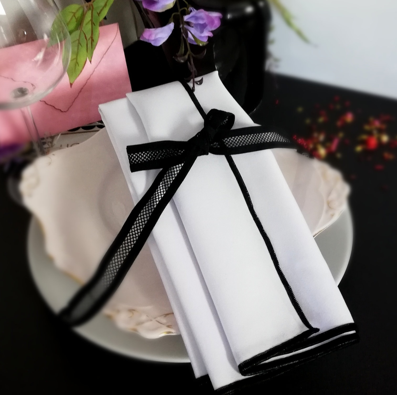 White Napkins With Black Trim Polyester White and Black - Etsy