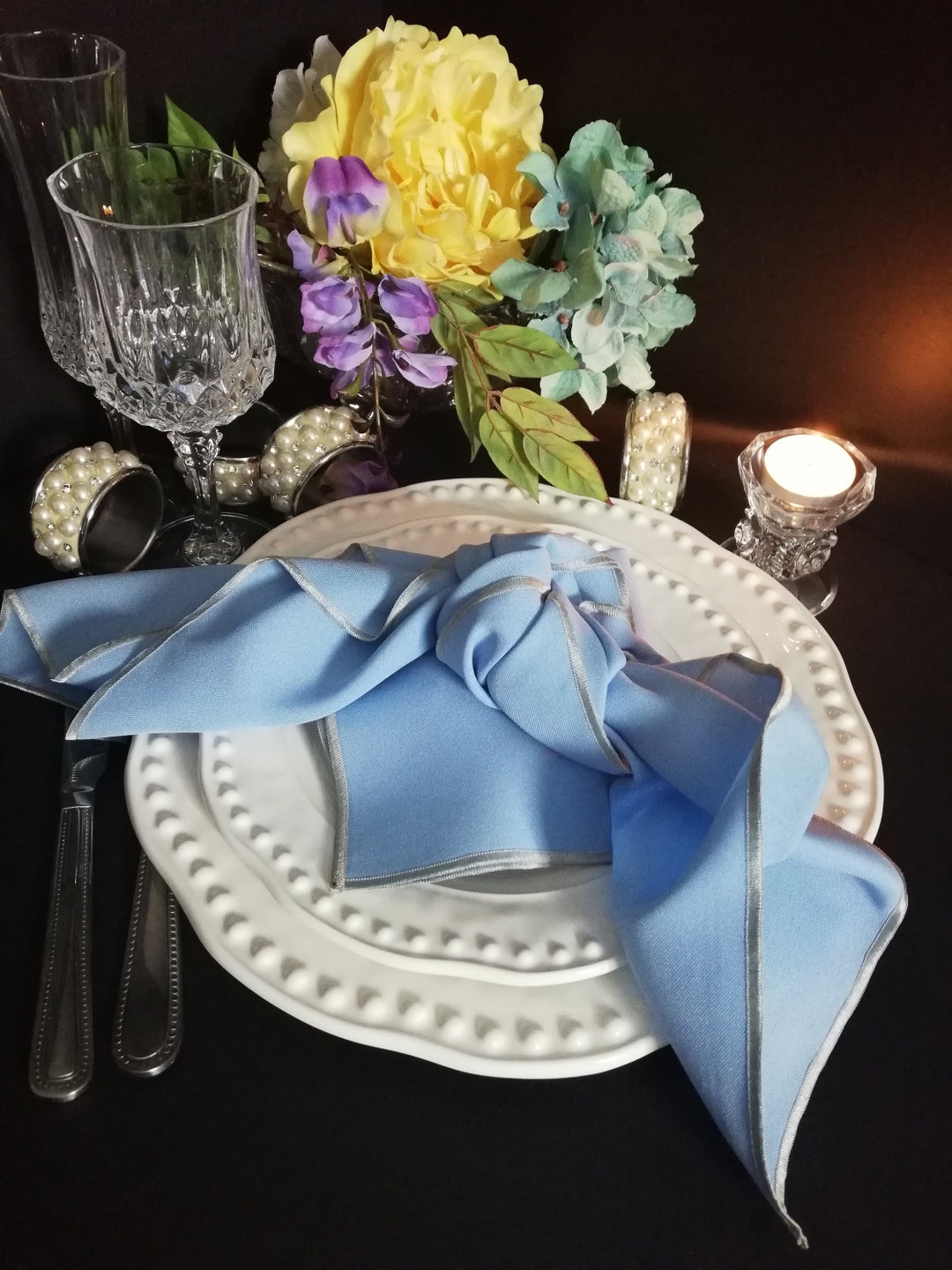 Light Blue Dinner Napkins, Silver Satin Stitch Trim, Bulk Wedding Decor ...