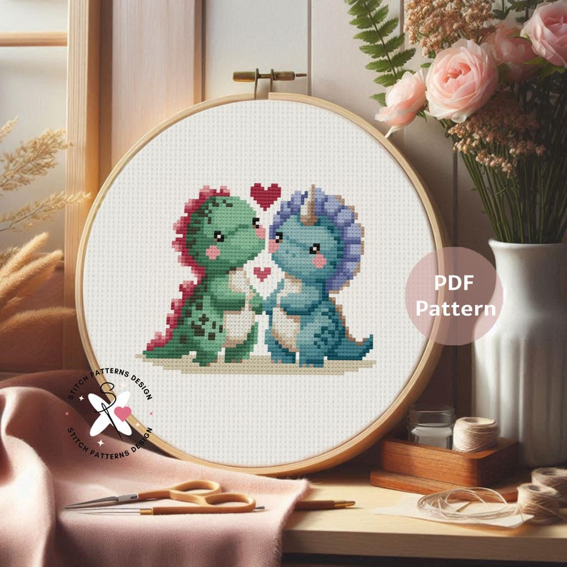Dinosaur Couple Cross Stitch Pattern: Valentine's Day Gift (PDF Pattern ...