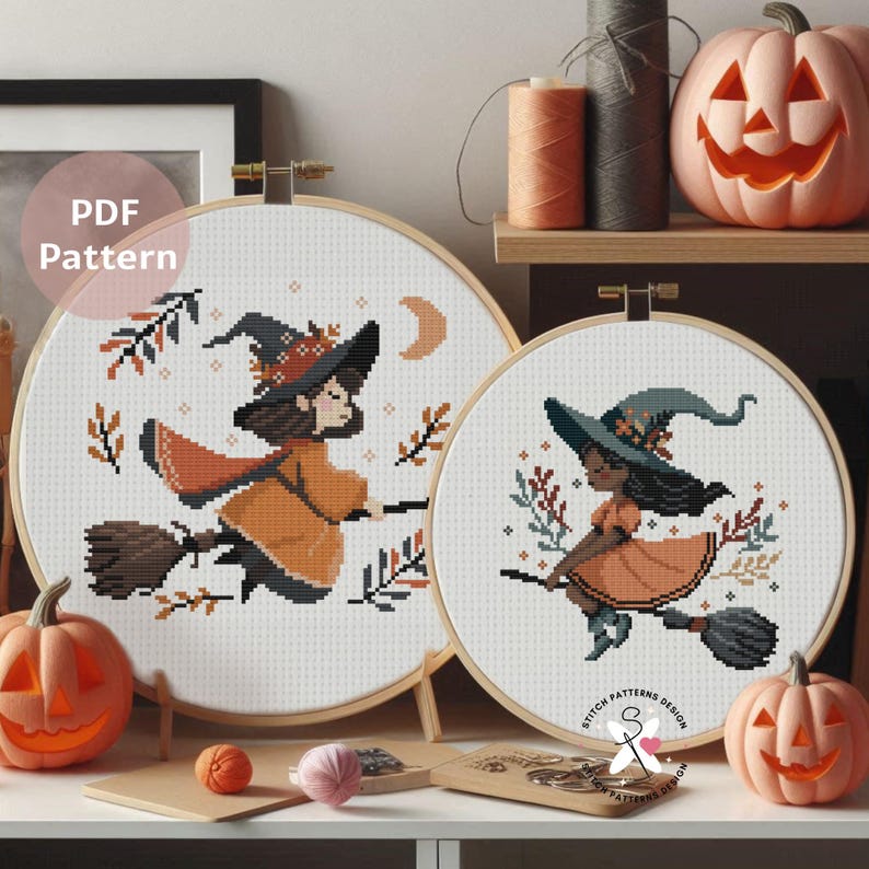 Halloween Witches Cross Stitch Pattern Set, Spooky Decor (PDF Download ...