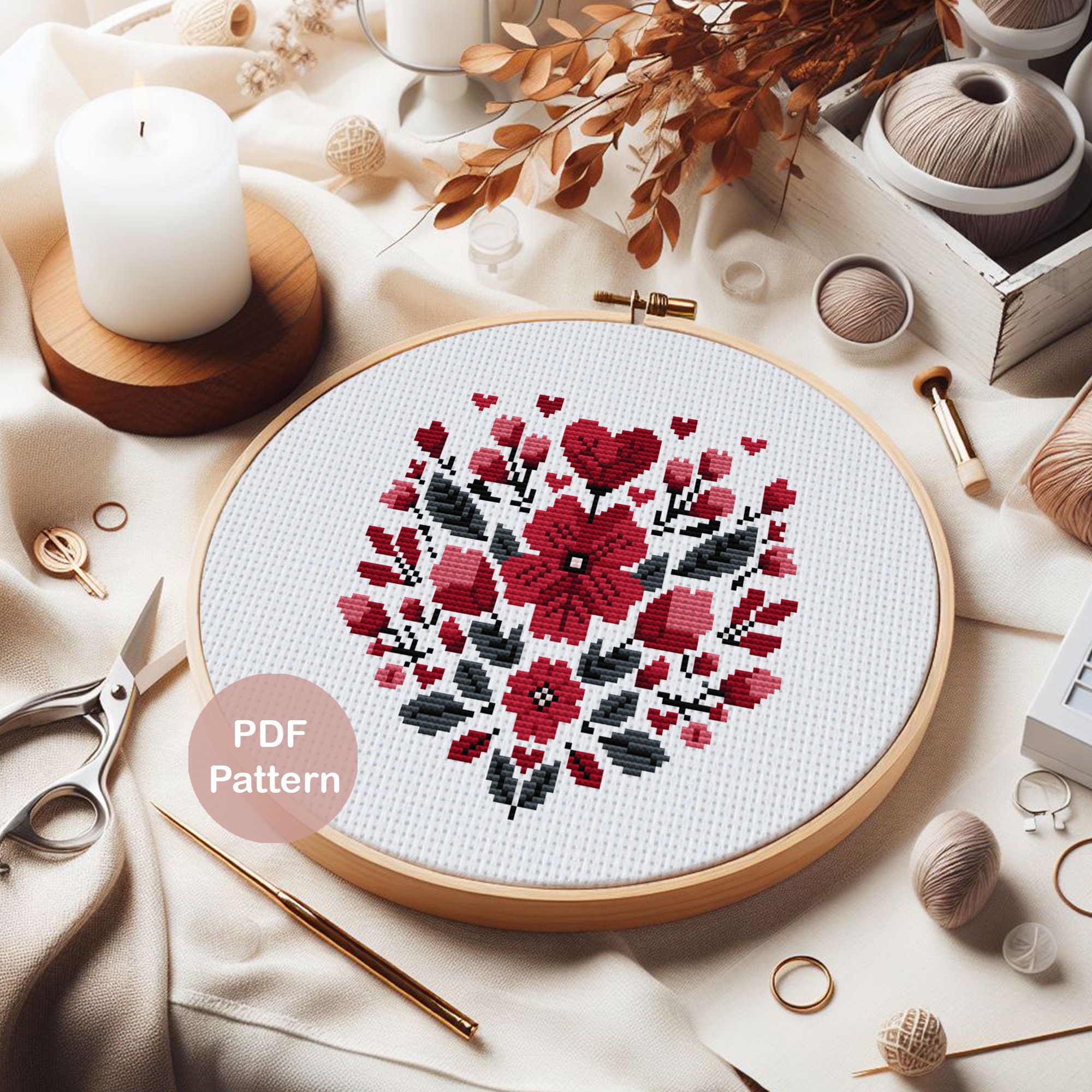 Red Modern Floral PDF Cross Stitch Pattern Botanical Cross Stitch ...