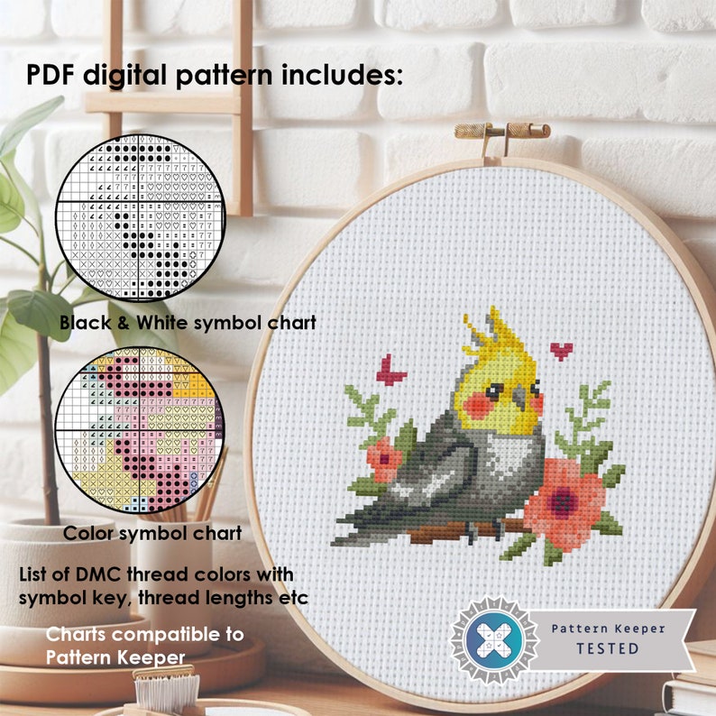 Cockatiel Cross Stitch Pattern, Bird Embroidery Design (PDF Pattern) - Etsy