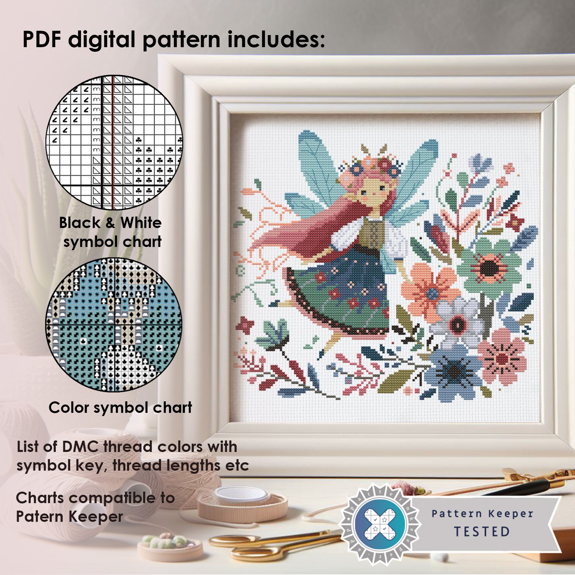 Fairy With Flowers Cross Stitch Pattern: Modern Floral Design (PDF ...