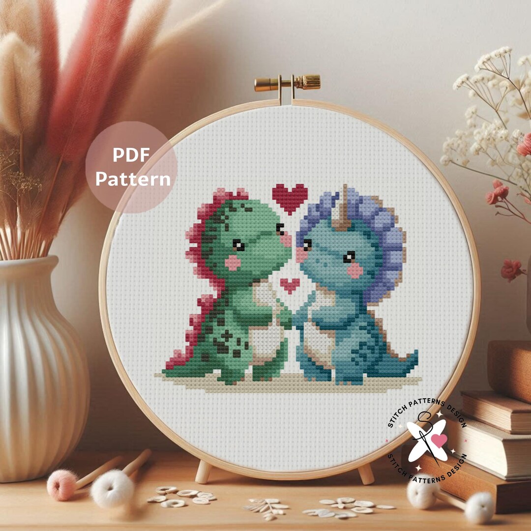 Dinosaur Couple Cross Stitch Pattern: Valentine's Day Gift (PDF Pattern ...