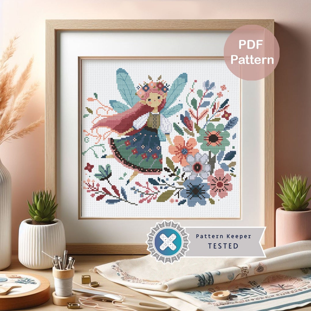 Fairy With Flowers Cross Stitch Pattern PDF | Modern Cross Stitch ...