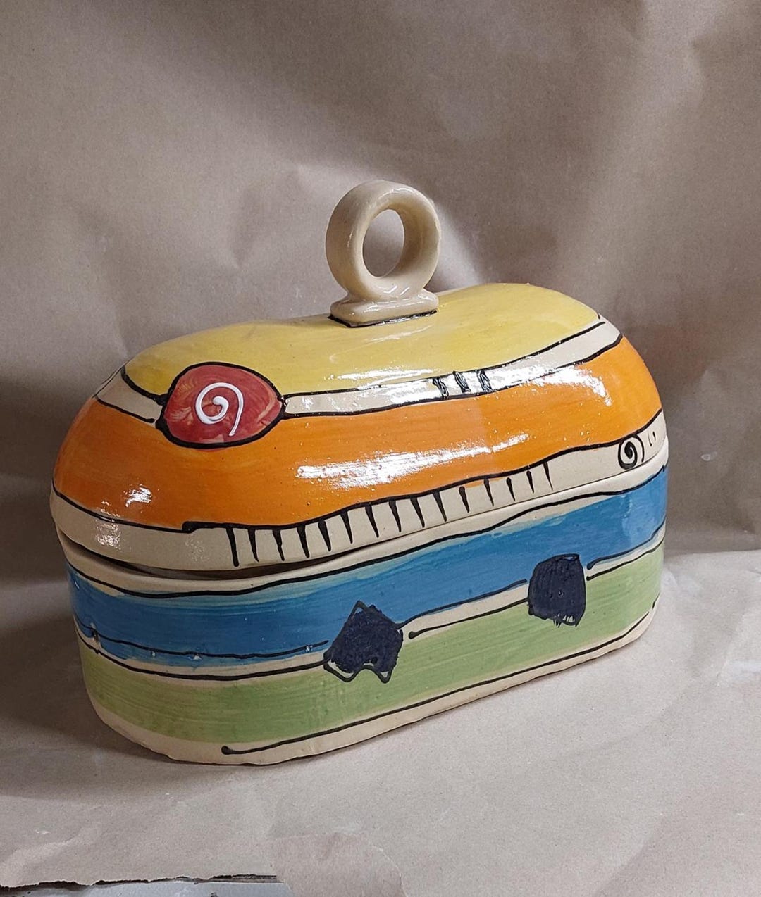 Rustic Oval Bread Bin With Knob Ceramic in Crazy Design - Unique Piece ...