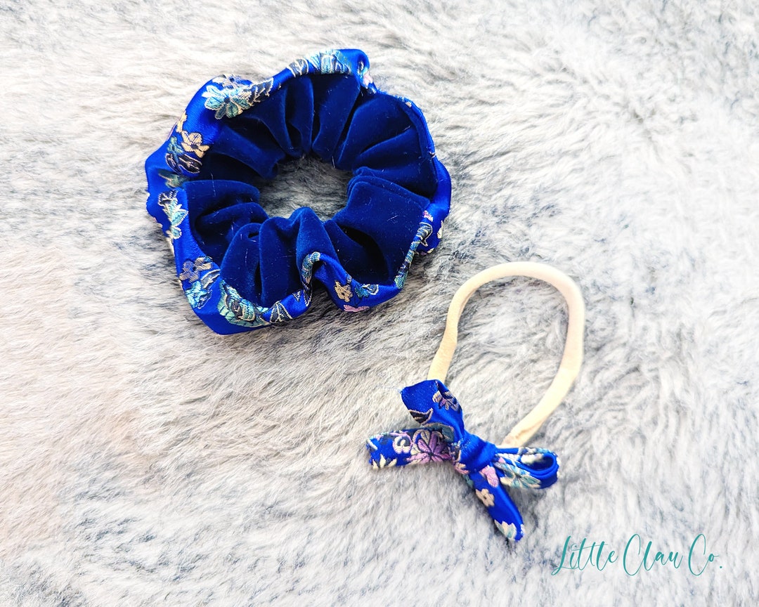 Midnight Blue Floral Scrunchie and Bow Set - Handmade Velvet Hair ...