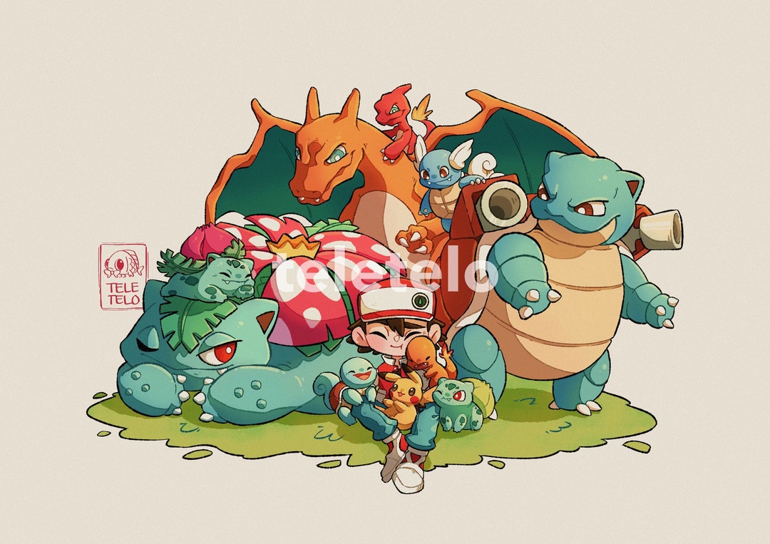 Pokemon Trainer Red With Kanto Starters Print - Etsy
