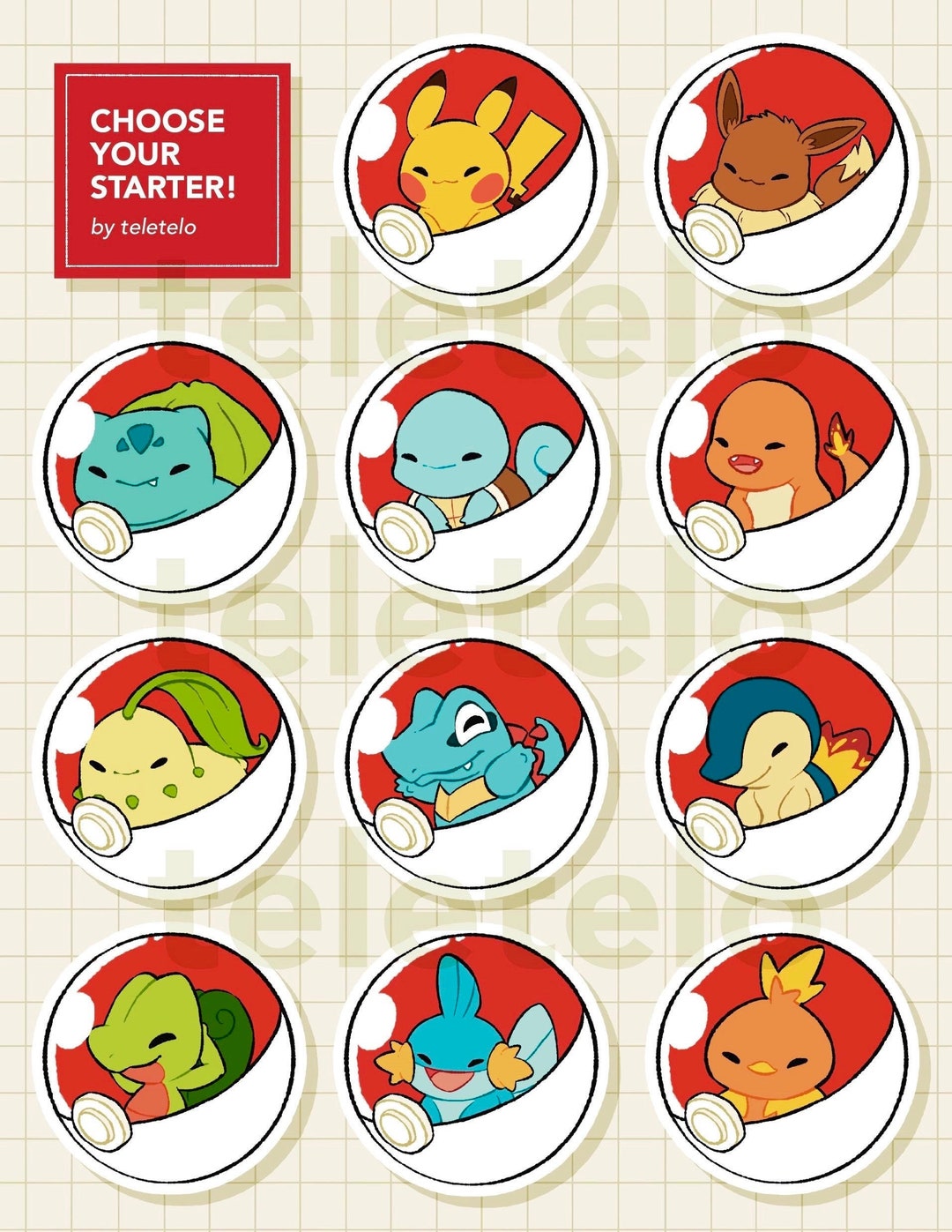 Choose Your Pokemon Starter! Waterproof Sticker Sheet (4.25 X 5.5 Inch ...