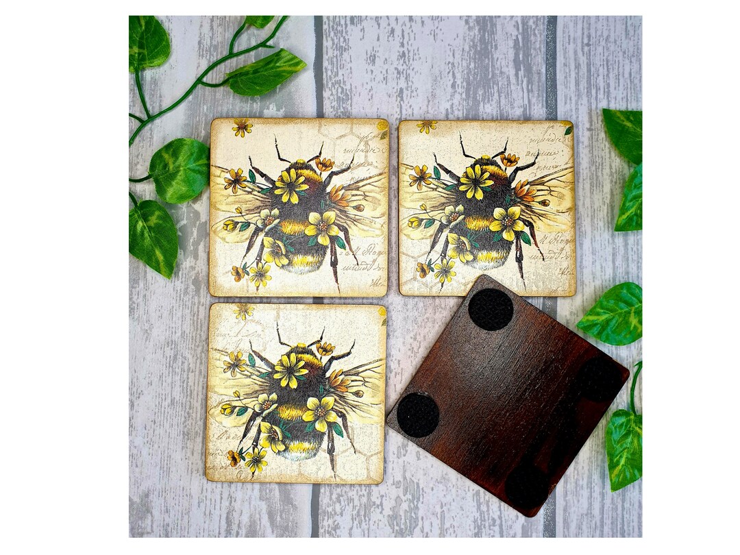 Floral Bee Coasters Set of 4 or 2, Wooden Golden Coasters With Pretty ...