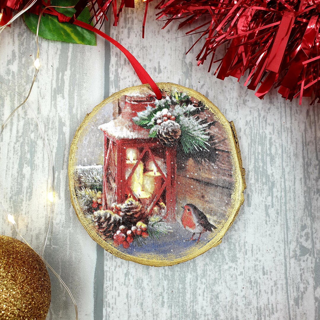 Personalised Robin Hanging Log Slice Winter Scene Robin Wood Slice ...